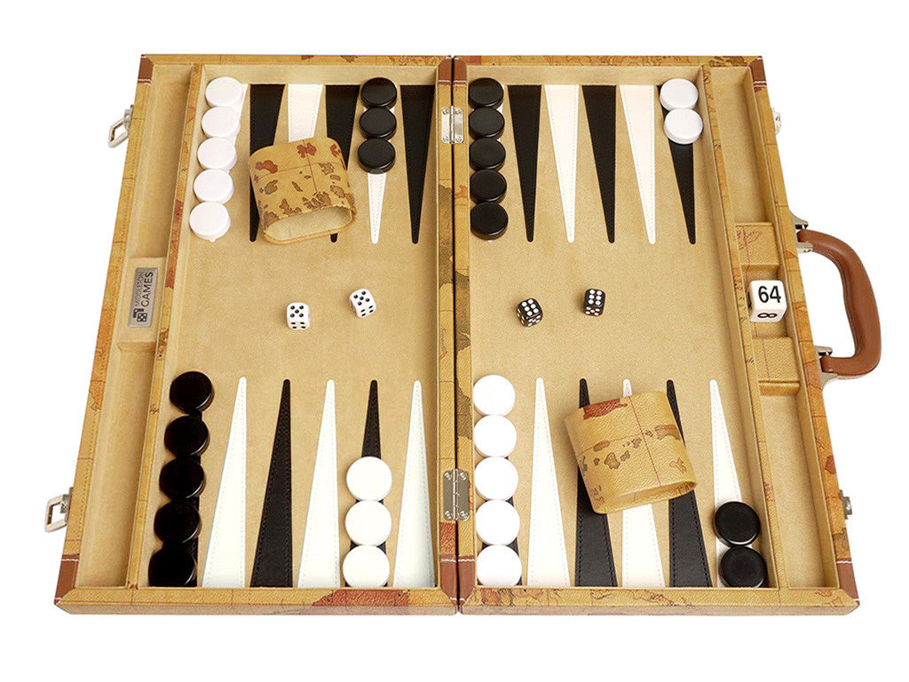 Juego de backgammon de lujo con diseño de mapa (tablero marrón de 46 cm ...